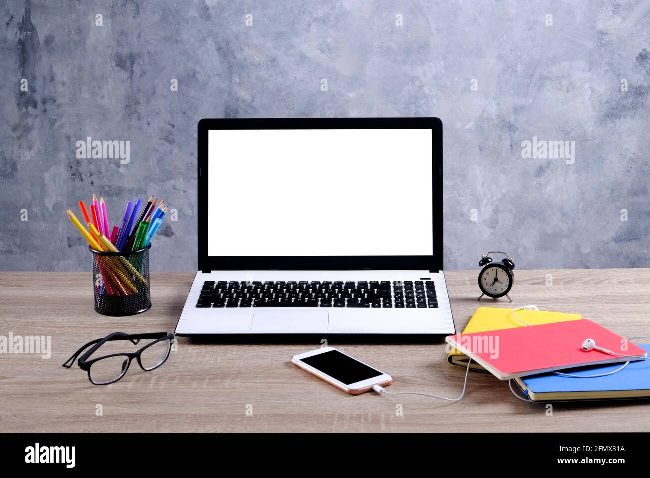 Minimalistic composition with working space of creative designer, wood ...