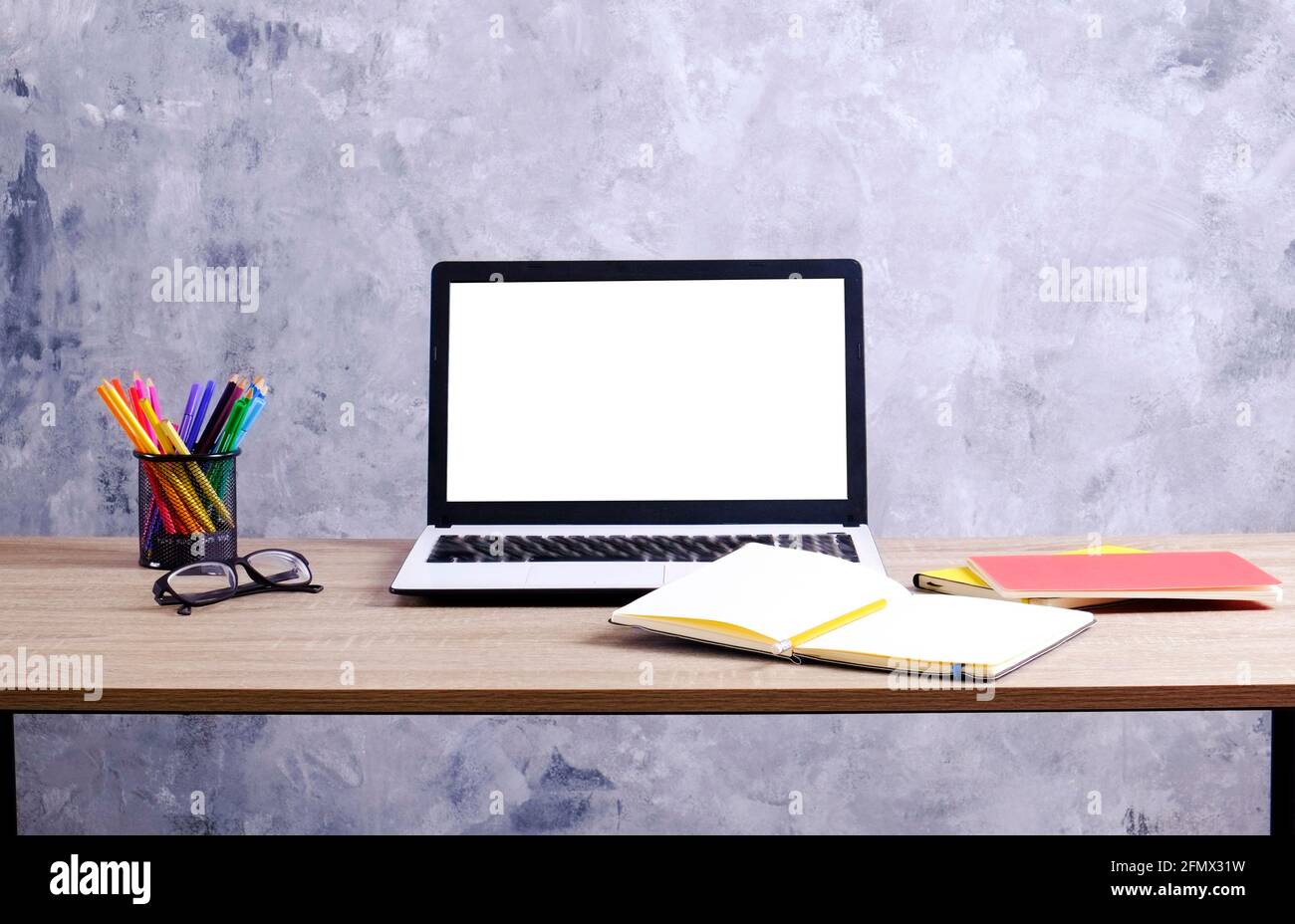 Minimalistic composition with working space of creative designer, wood ...