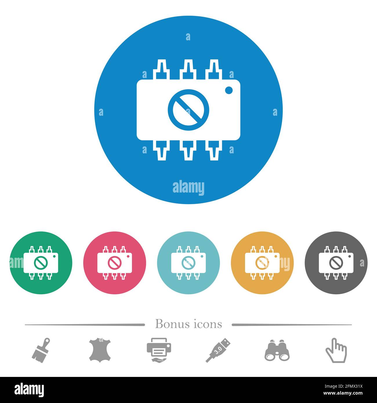 Hardware disabled flat white icons on round color backgrounds. 6 bonus ...