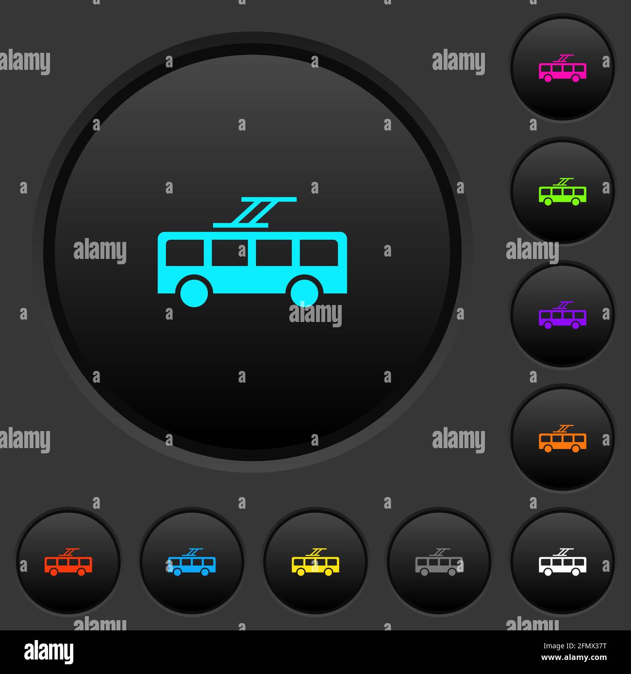 Trolley bus dark push buttons with vivid color icons on dark grey ...