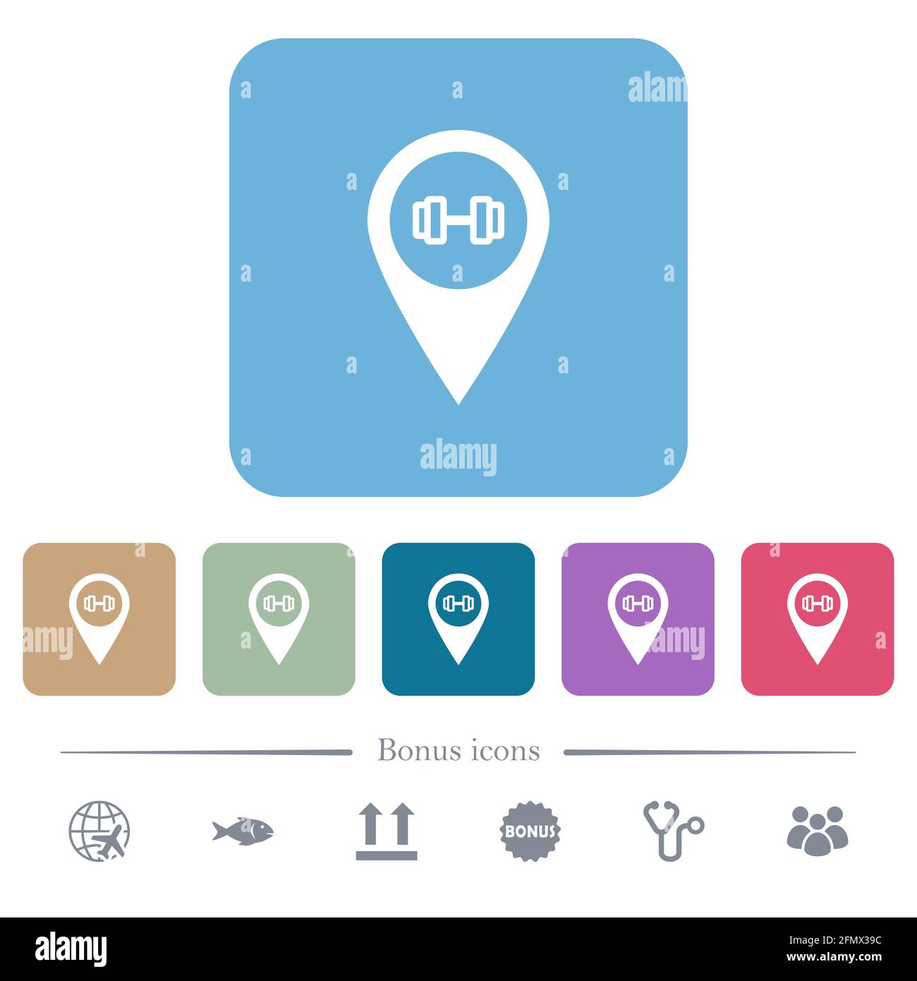 Gym GPS map location white flat icons on color rounded square ...