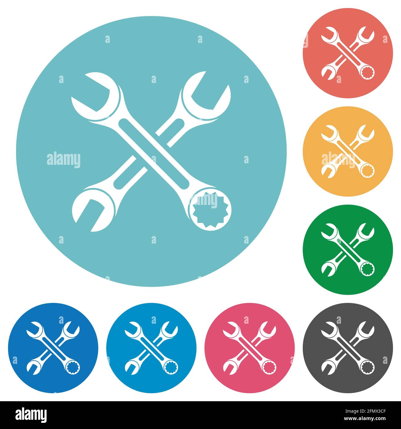 Two wrenches flat white icons on round color backgrounds Stock Vector ...