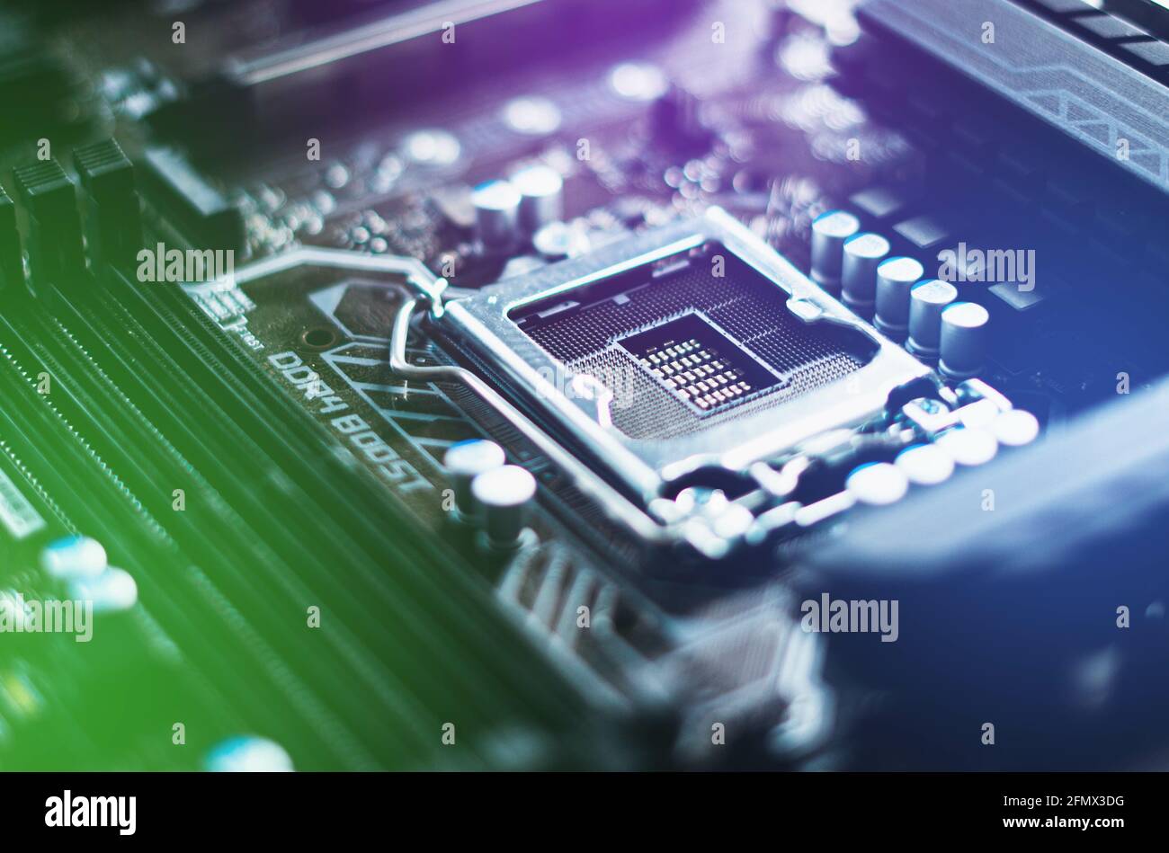 Closeup of the motherboard of a computer with the placeholder of the ...
