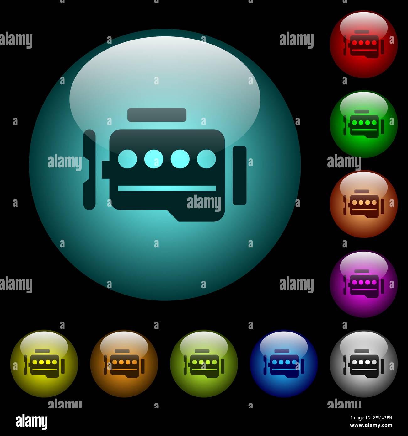 Engine symbol icons in color illuminated spherical glass buttons on ...
