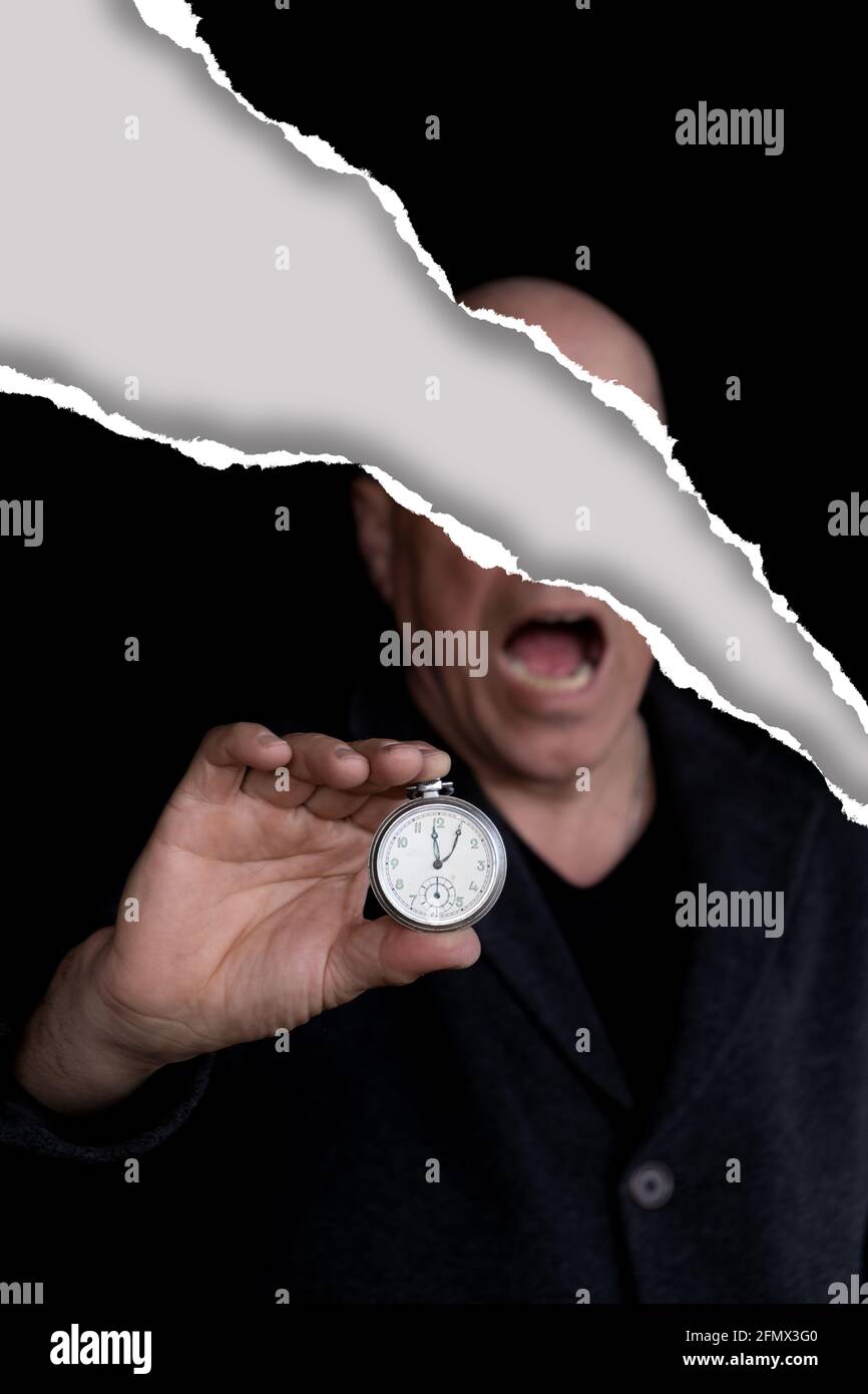 image with ripped paper effect of man screaming and holding a pocket ...