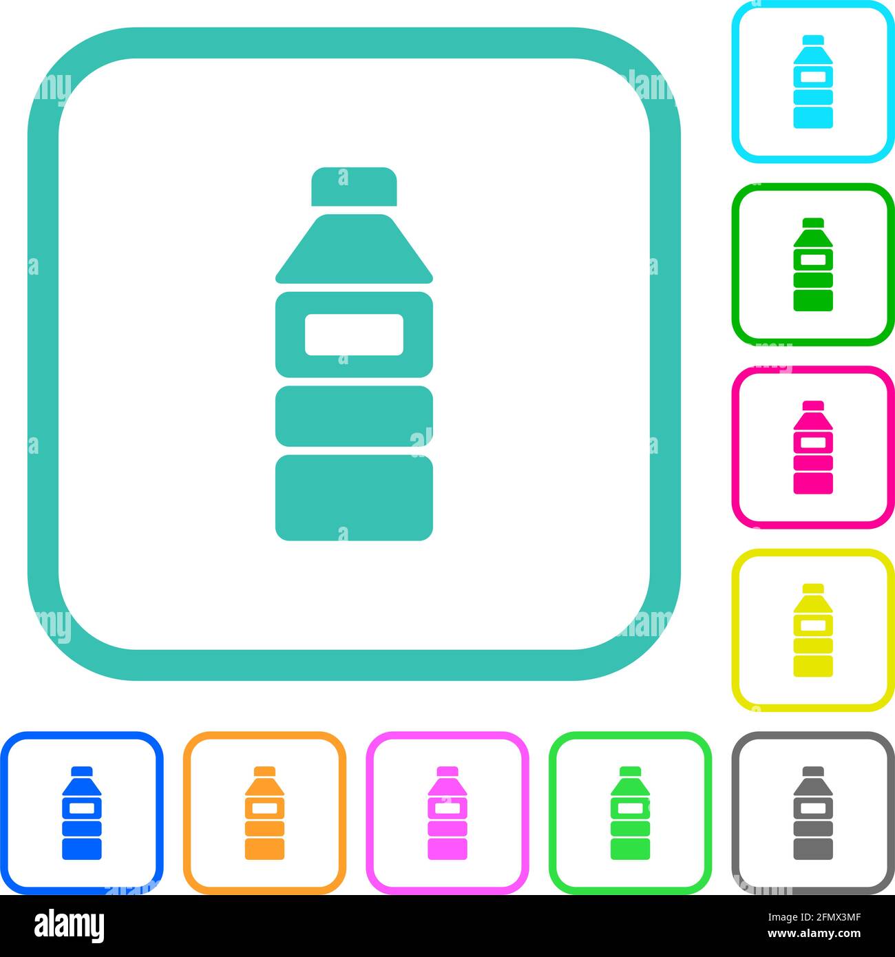 Water bottle with label vivid colored flat icons in curved borders on ...