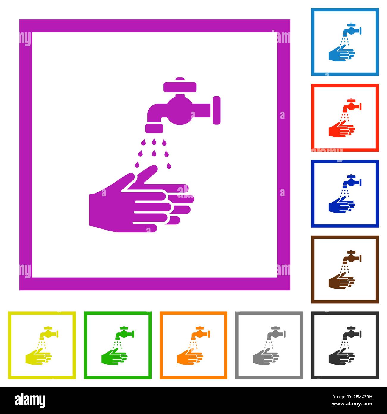 Hand washing flat color icons in square frames on white background ...