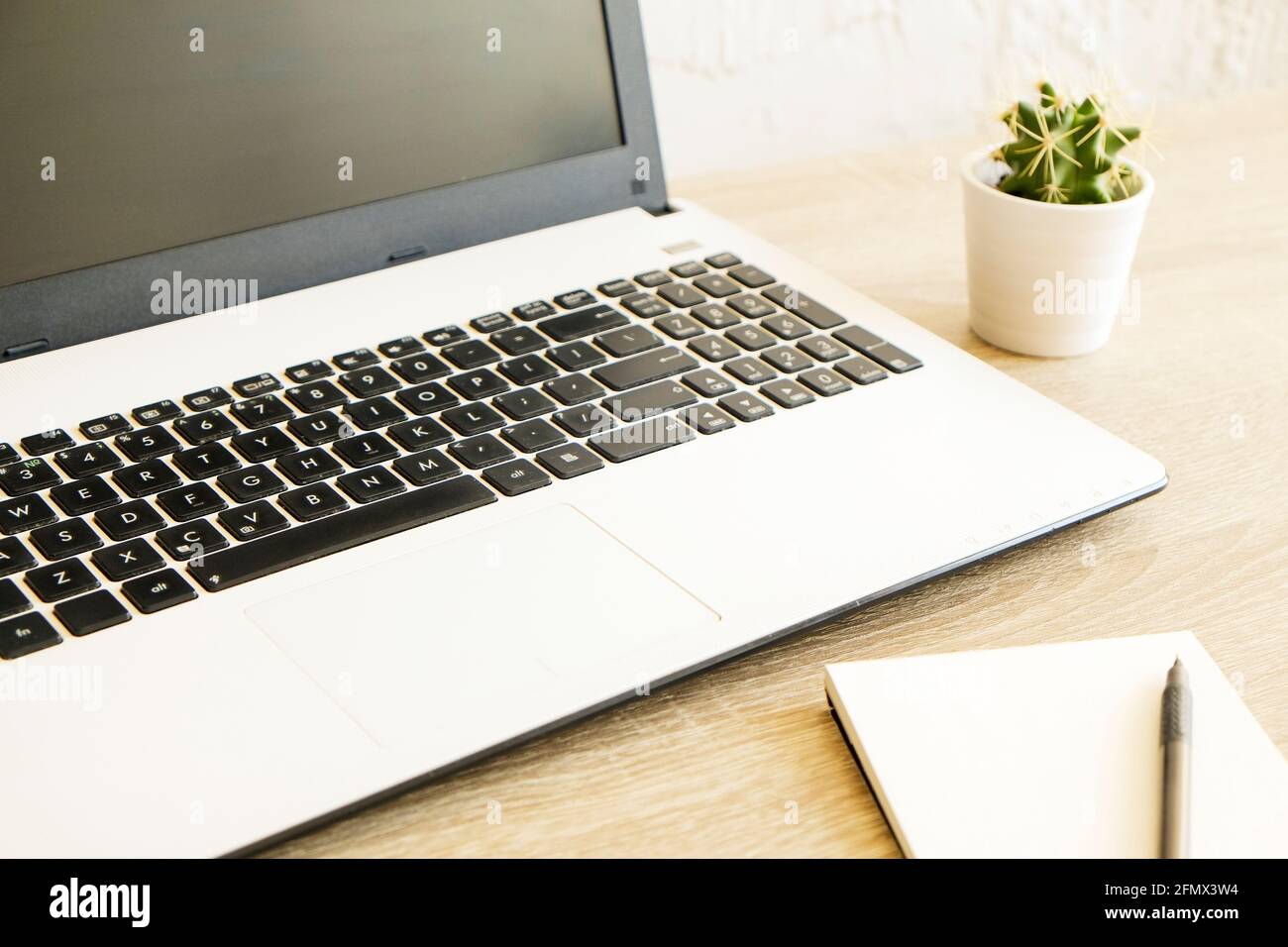 Close up composition: blank screen laptop computer, empty page notebook ...