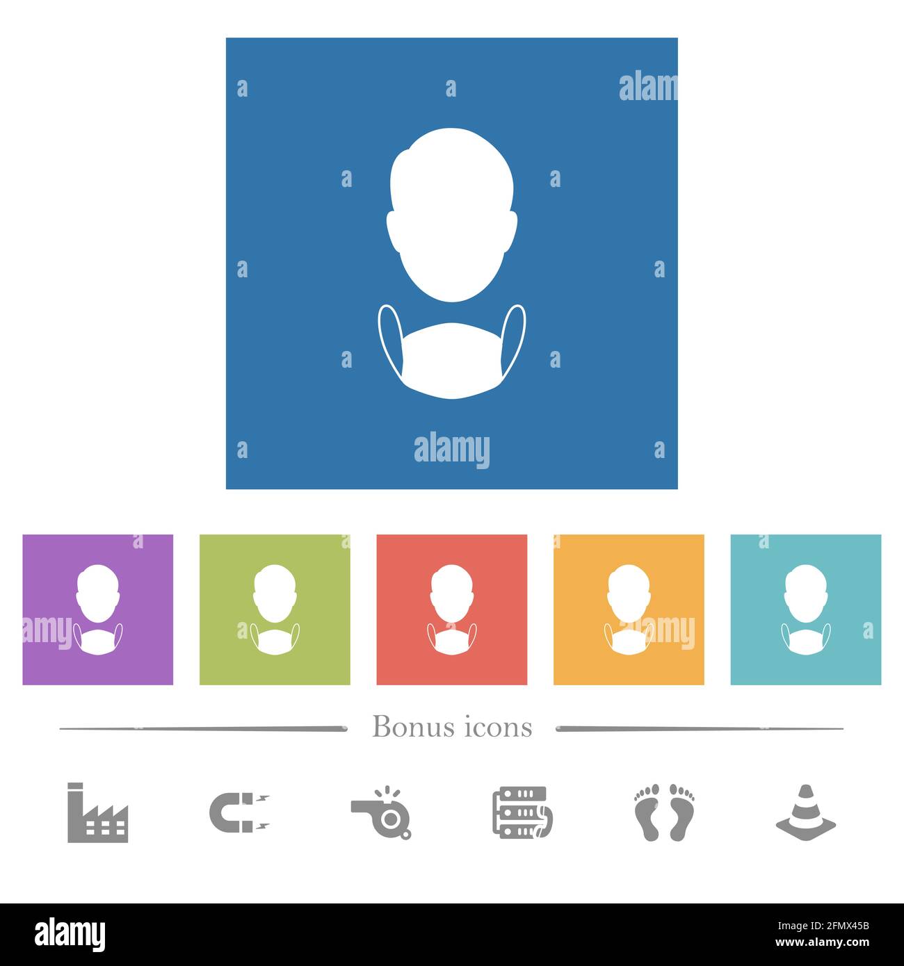 Face and medical mask flat white icons in square backgrounds. 6 bonus ...