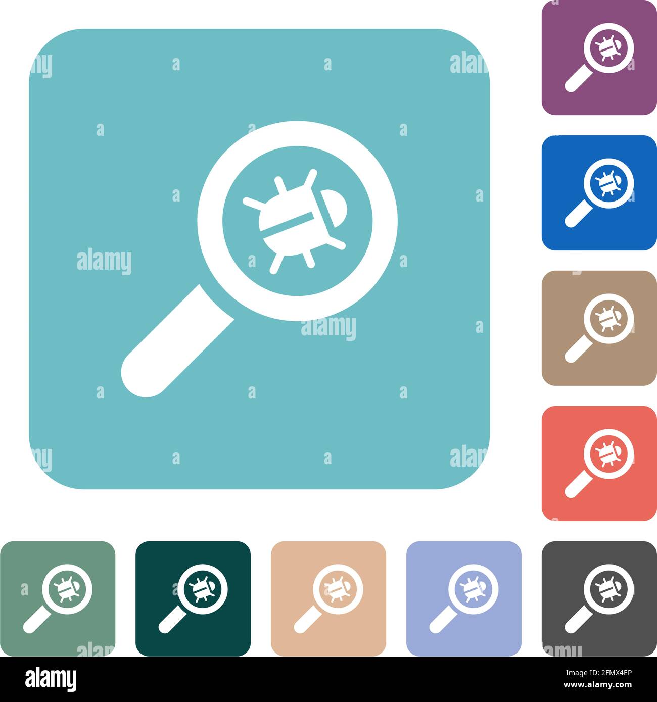 Bug tracking white flat icons on color rounded square backgrounds Stock ...