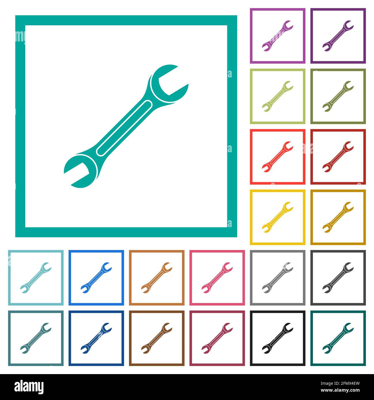 Single wrench flat color icons with quadrant frames on white background ...