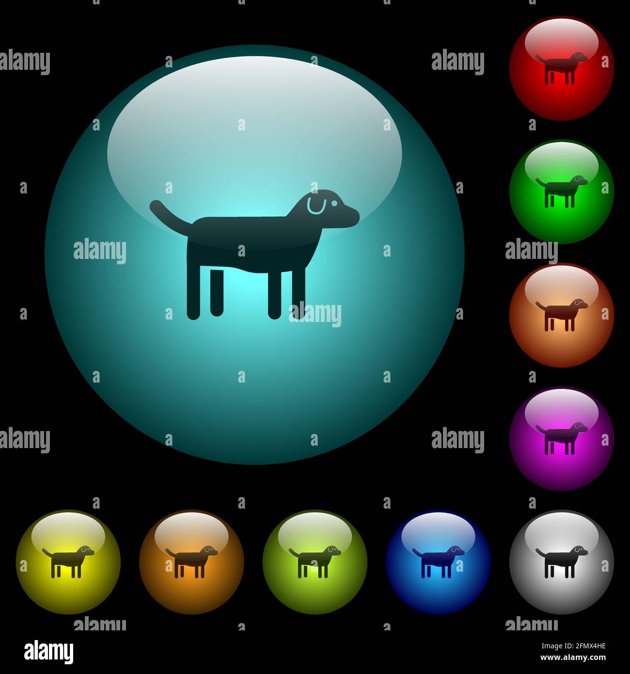 Dog icons in color illuminated spherical glass buttons on black ...