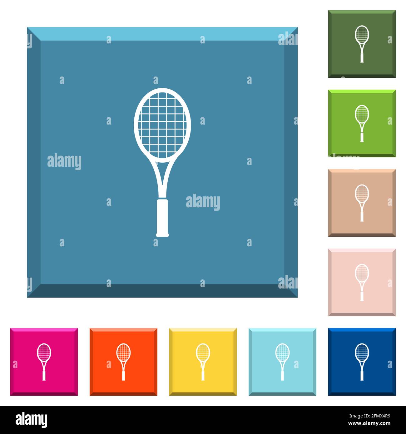 Single tennis racket white icons on edged square buttons in various ...