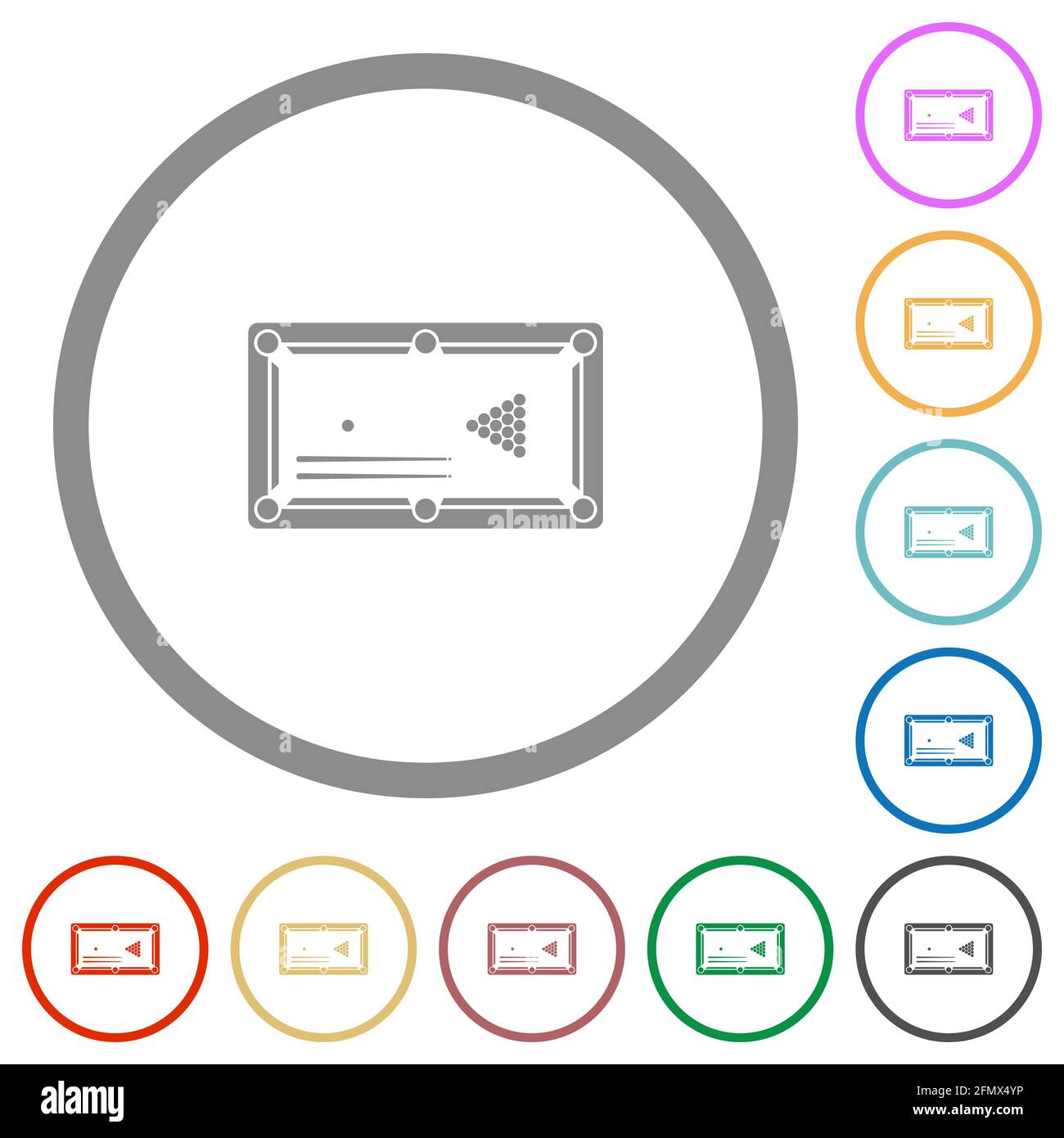 Billiard game with balls and cues flat color icons in round outlines on ...