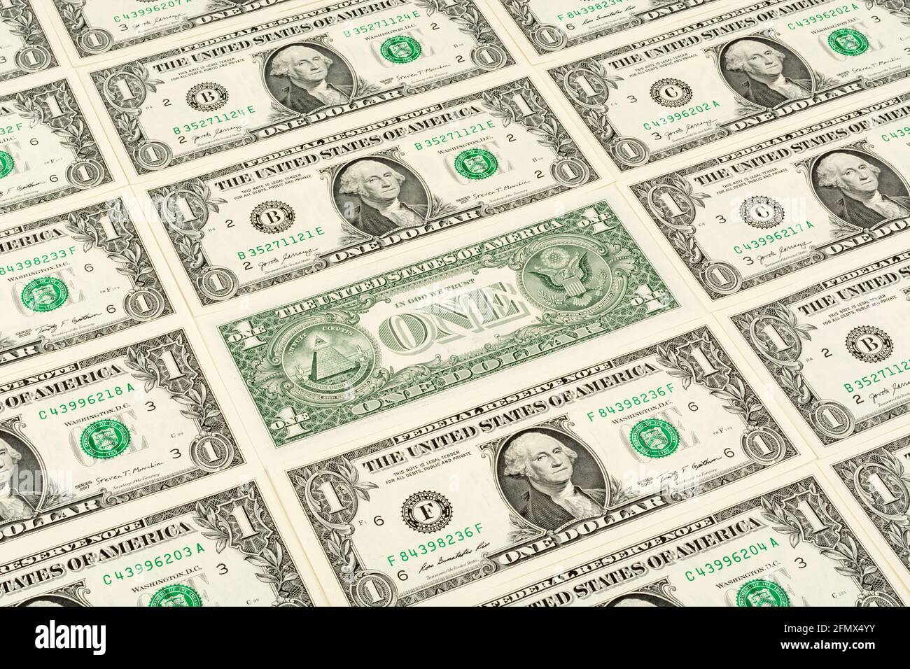 Obverse side of US $1 / one dollar bills with George Washington ...