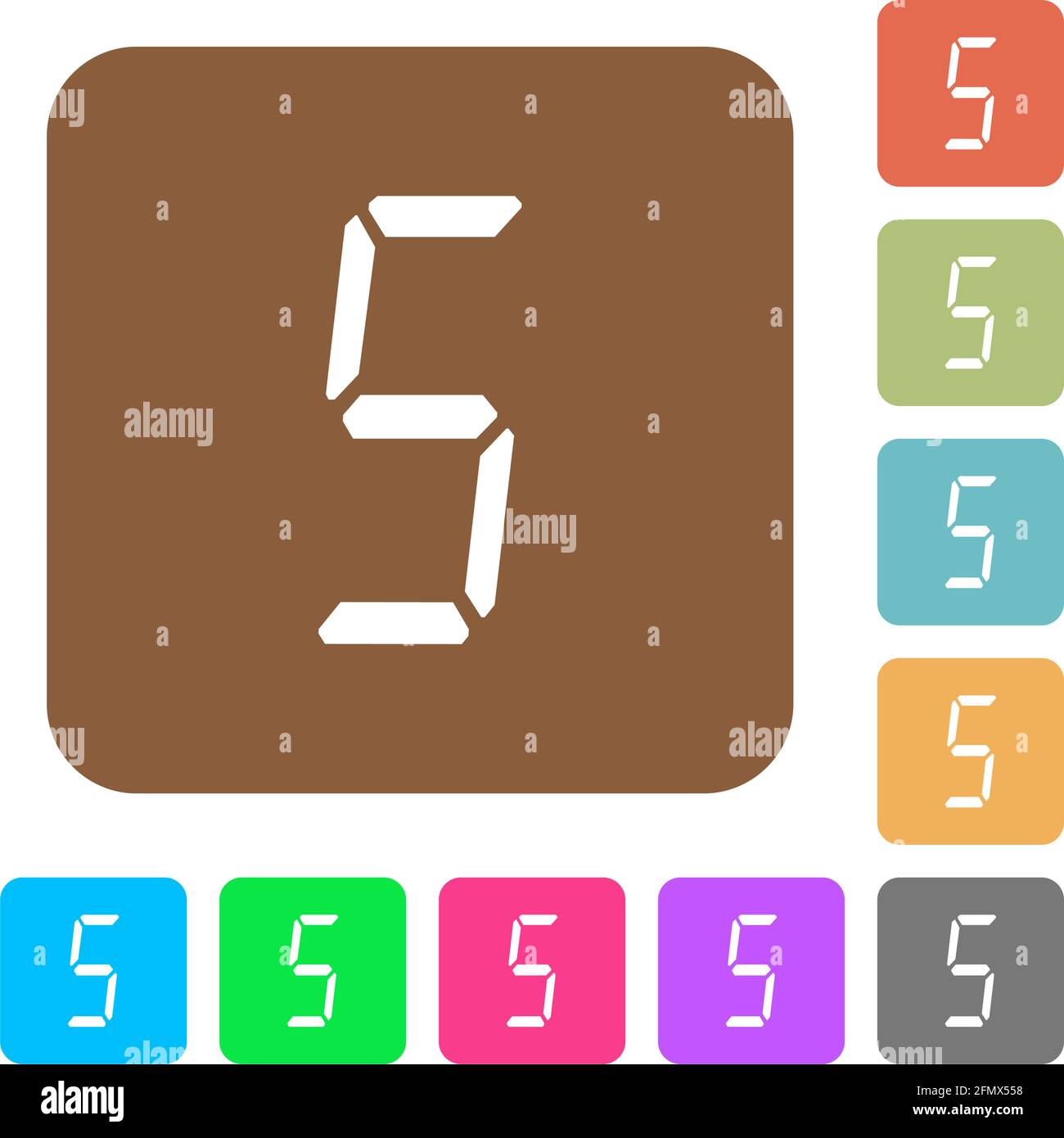 digital number five of seven segment type flat icons on rounded square ...