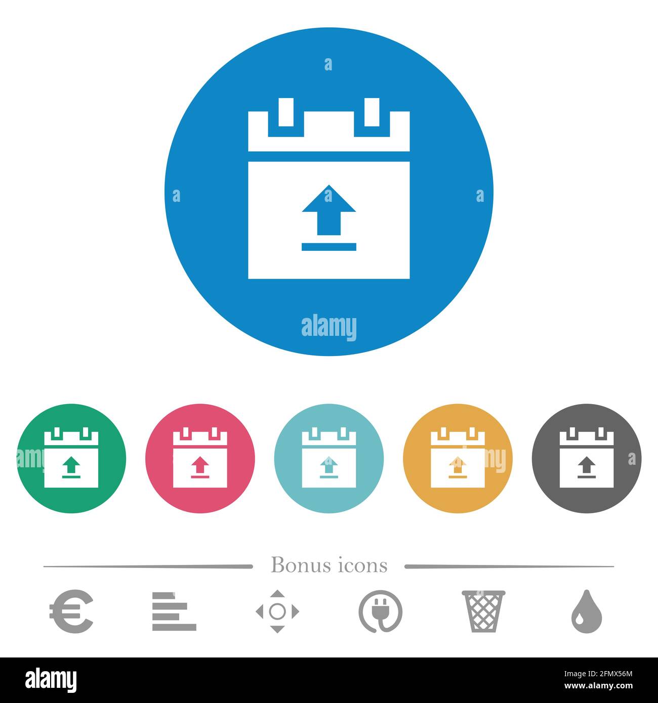Upload schedule data flat white icons on round color backgrounds. 6 ...