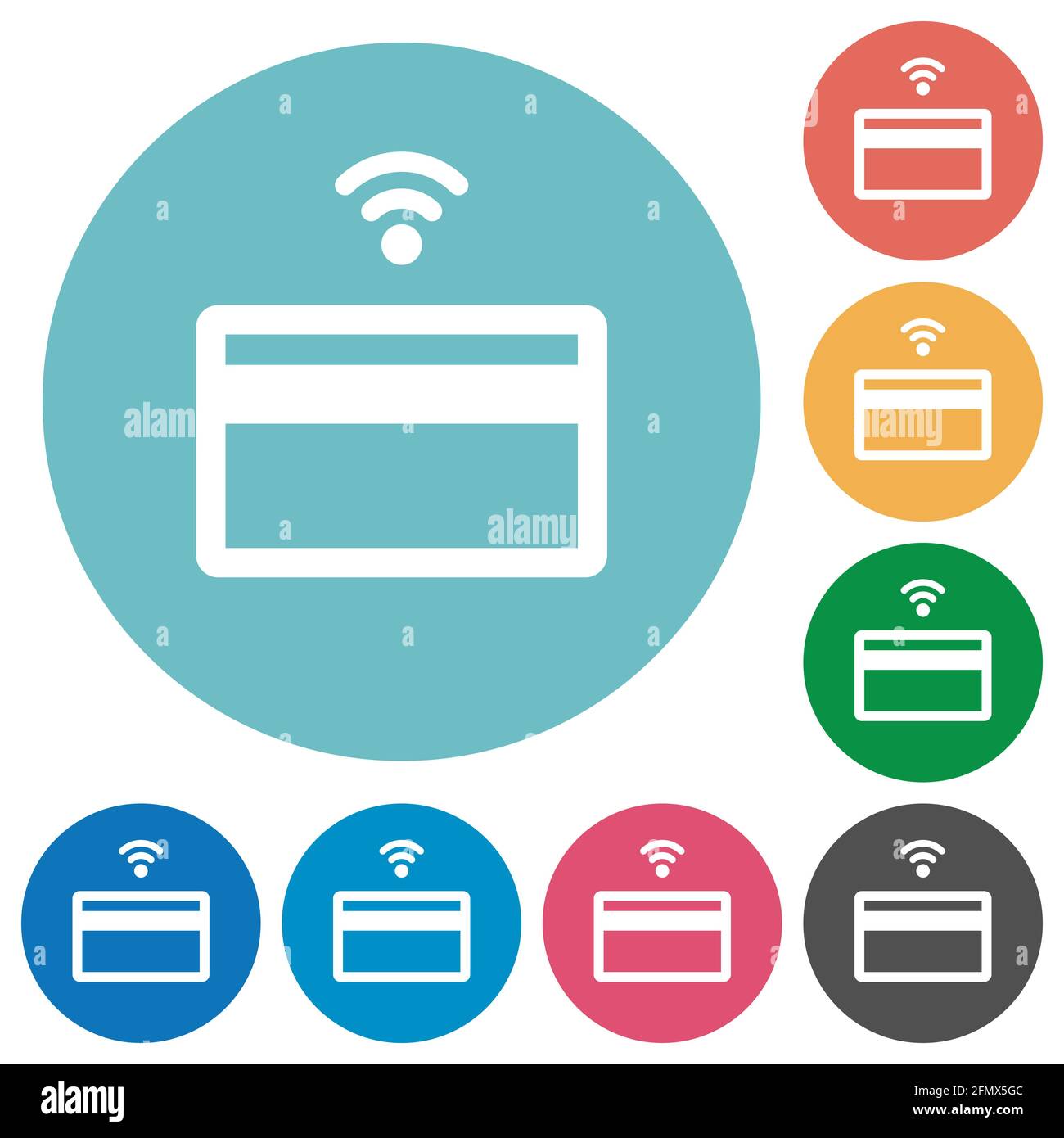 Contactless credit card flat white icons on round color backgrounds ...