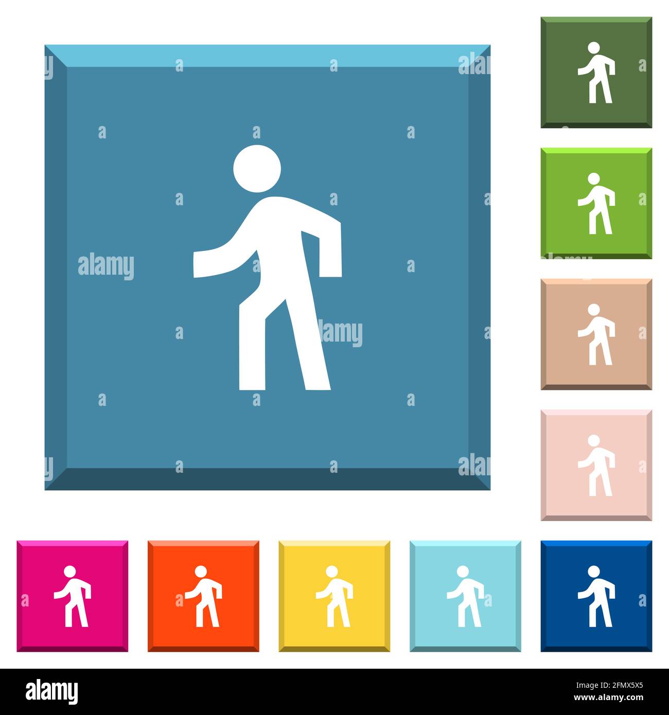 Man walking left white icons on edged square buttons in various trendy ...