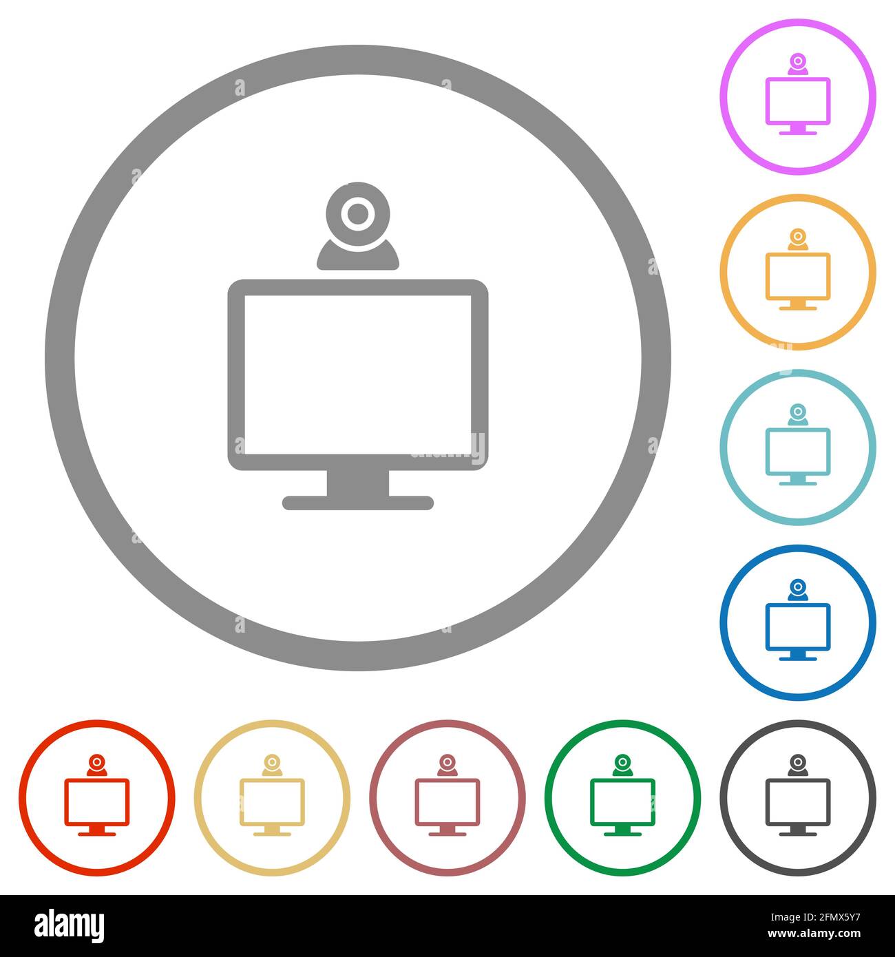 Monitor with webcam flat color icons in round outlines on white ...