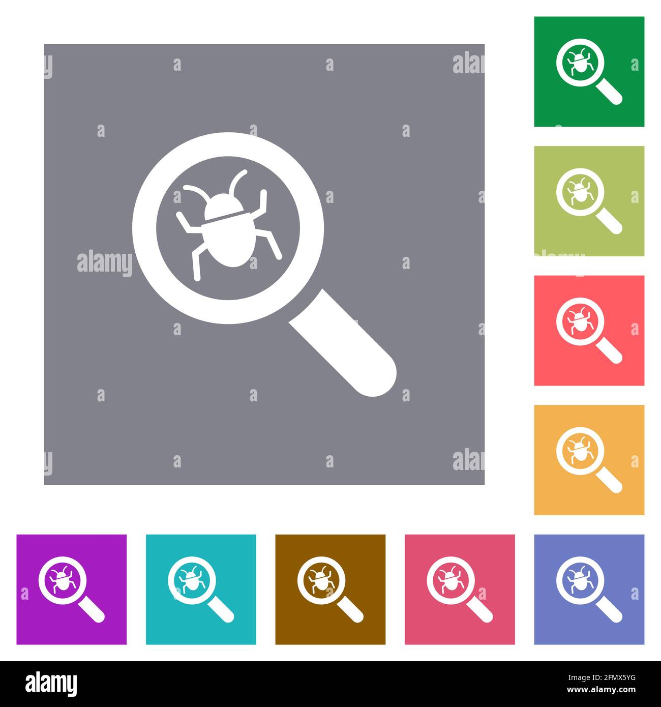 Bug tracking flat icons on simple color square backgrounds Stock Vector ...