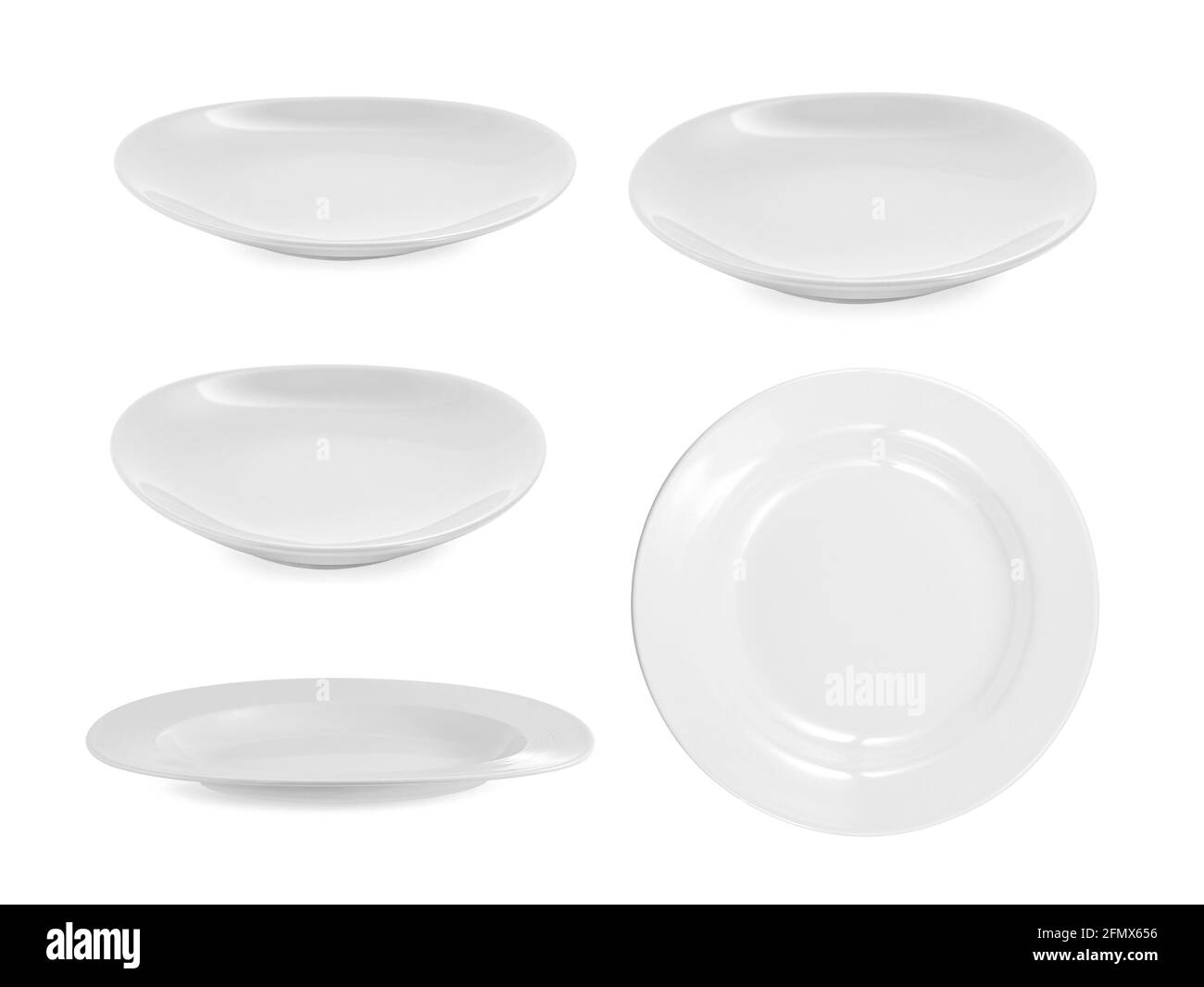 collection of ceramic white plate on white background Stock Photo - Alamy
