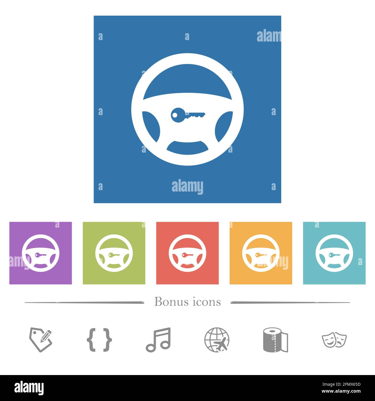 Steering lock flat white icons in square backgrounds. 6 bonus icons ...