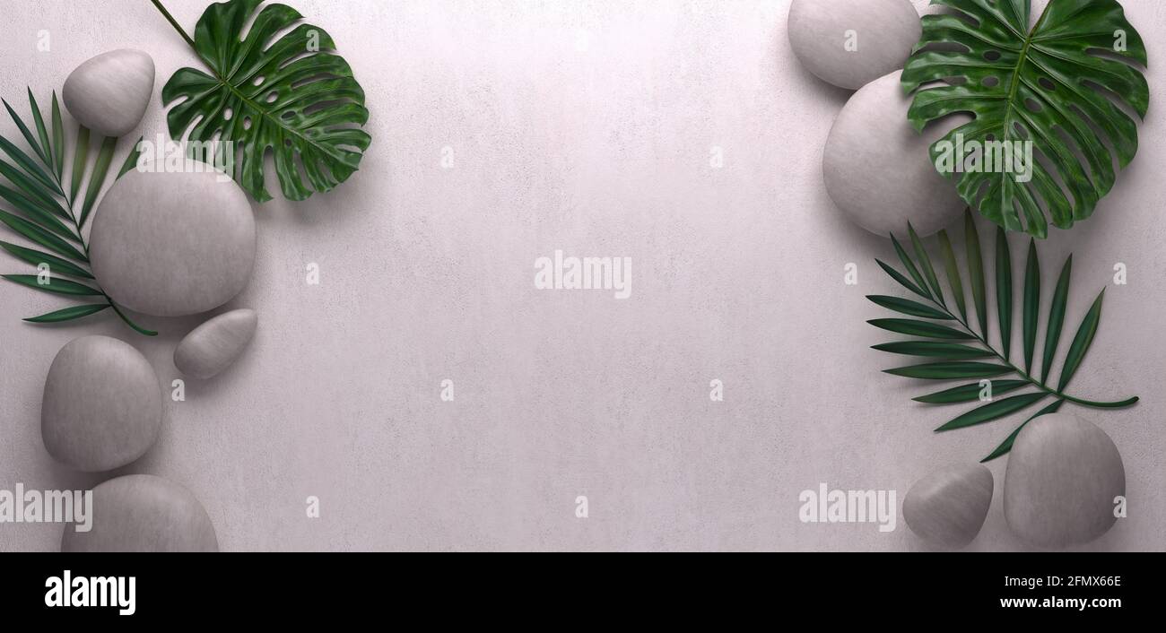 Grey spa background, palm leaves and stones, top view, 3d rendering ...