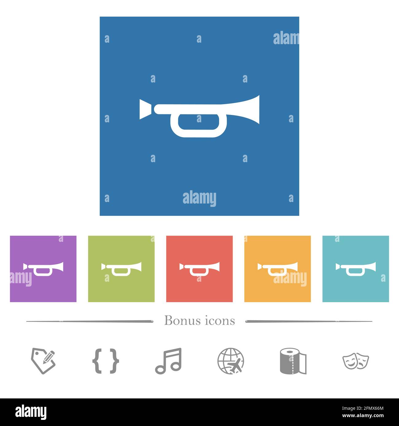 Horn flat white icons in square backgrounds. 6 bonus icons included ...