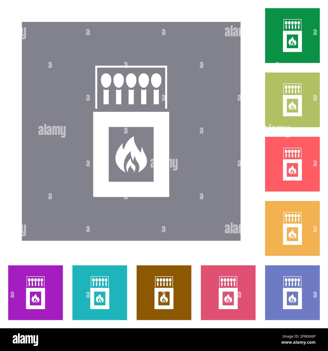 Box of matches flat icons on simple color square backgrounds Stock ...