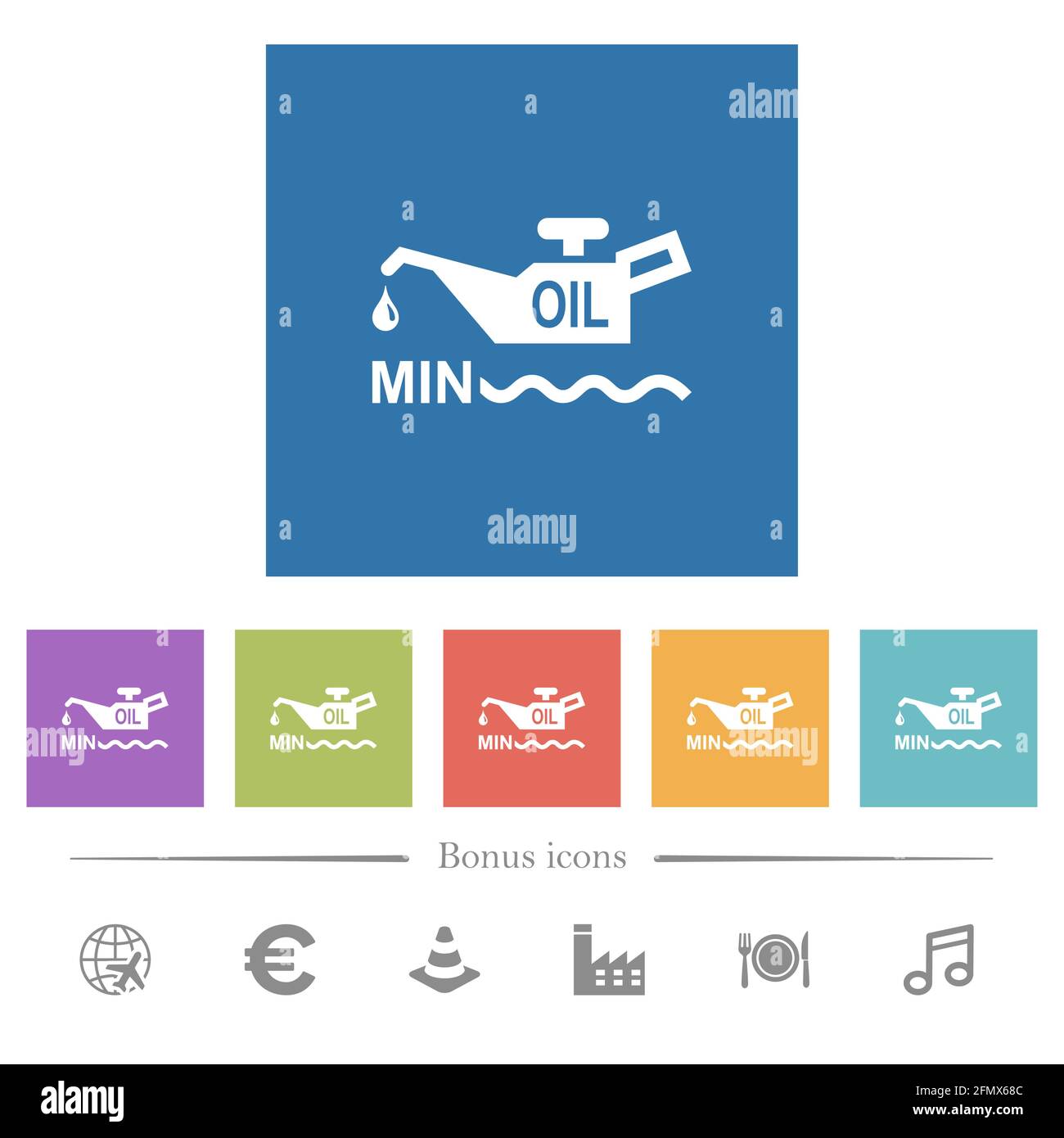 Oil level minimum indicator flat white icons in square backgrounds. 6 ...