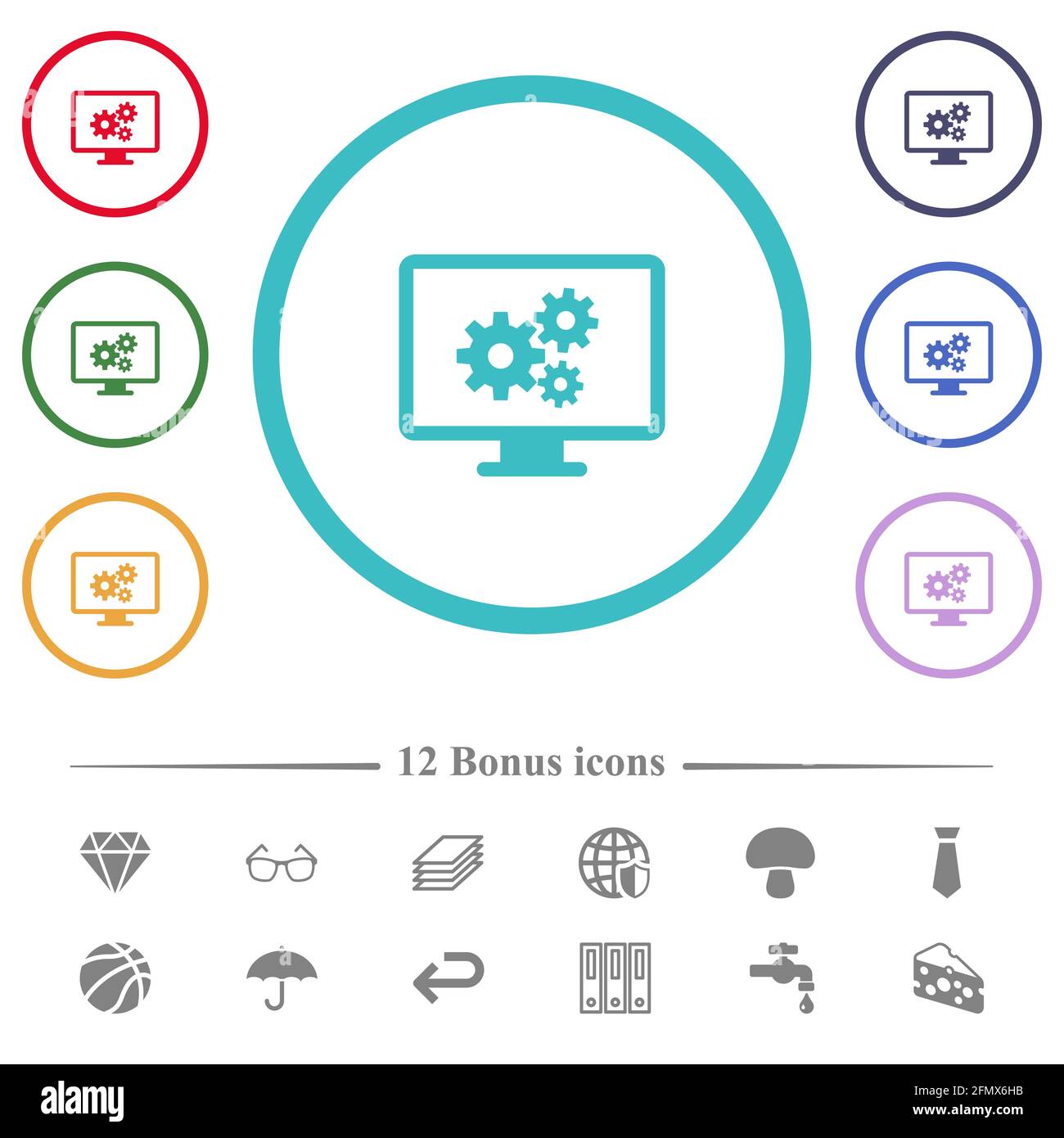 Screen settings flat color icons in circle shape outlines. 12 bonus ...