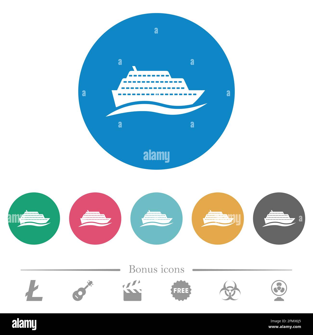Cruise ship with wave flat white icons on round color backgrounds. 6 ...