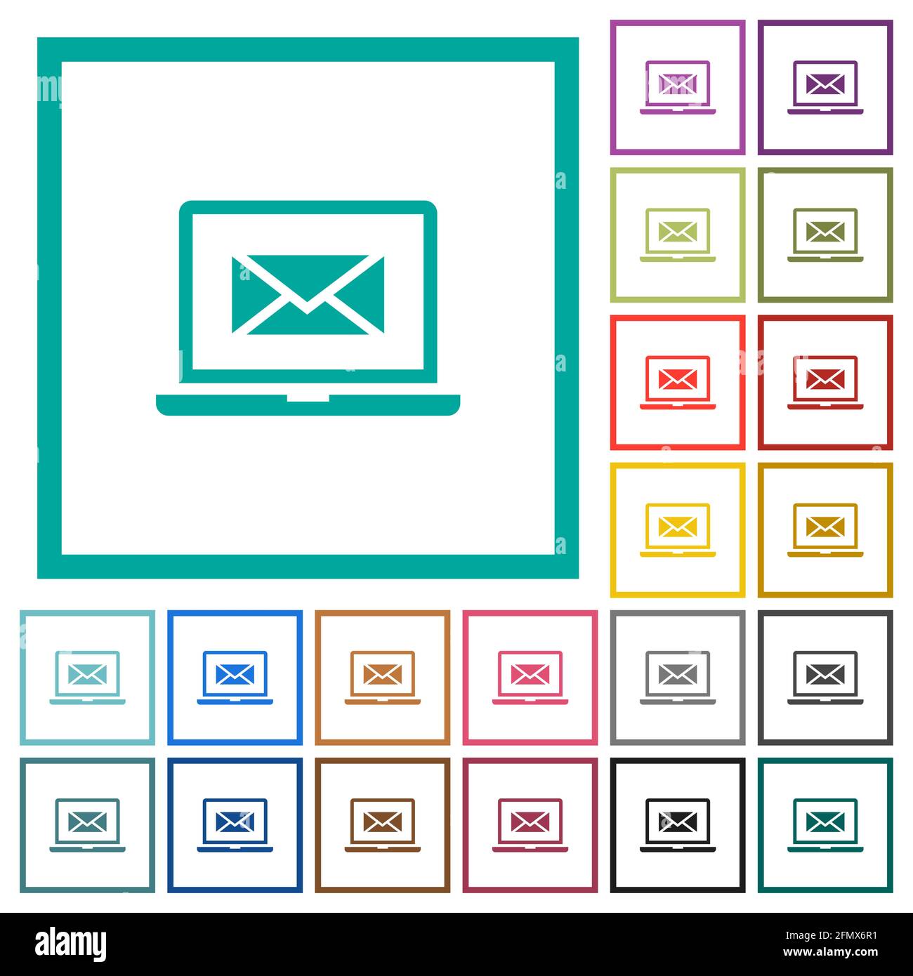 Laptop with mail symbol flat color icons with quadrant frames on white ...
