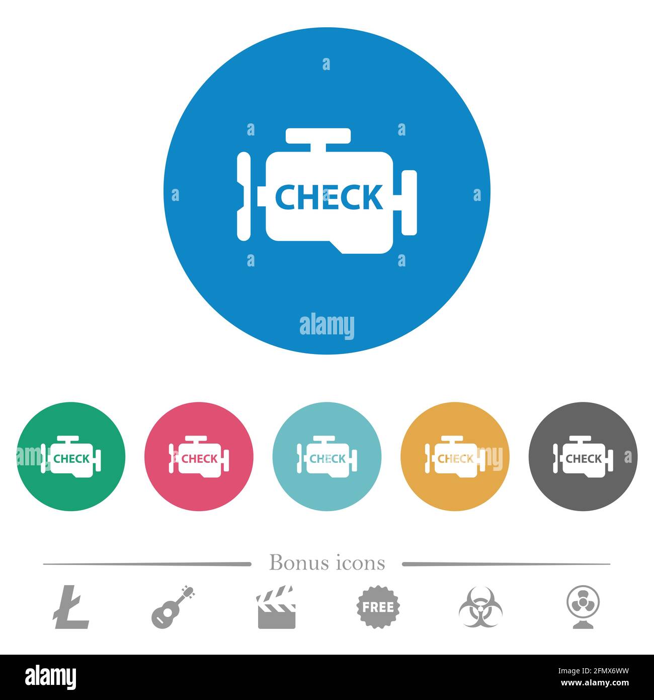 Check engine flat white icons on round color backgrounds. 6 bonus icons ...