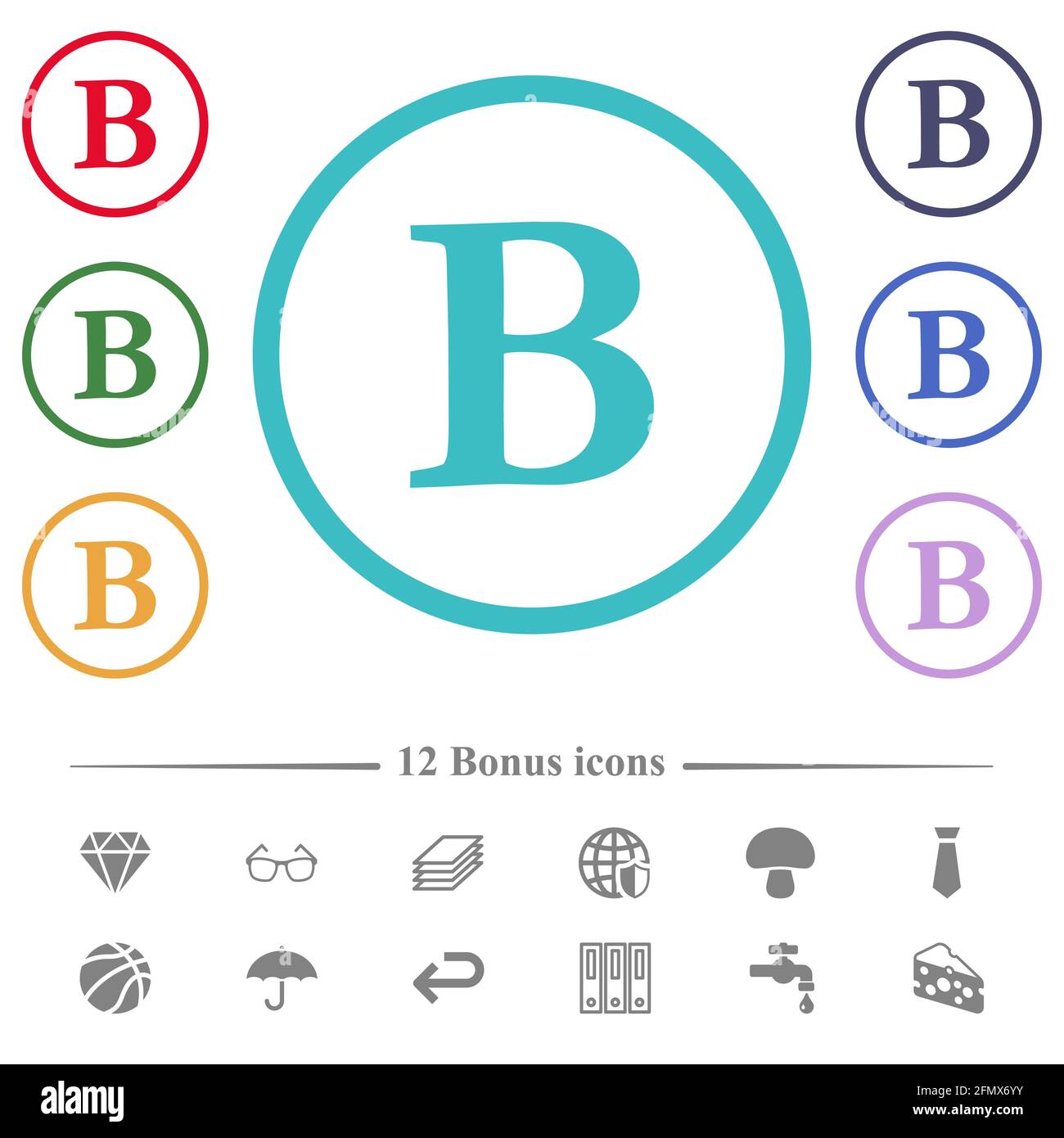 Bold font type flat color icons in circle shape outlines. 12 bonus ...