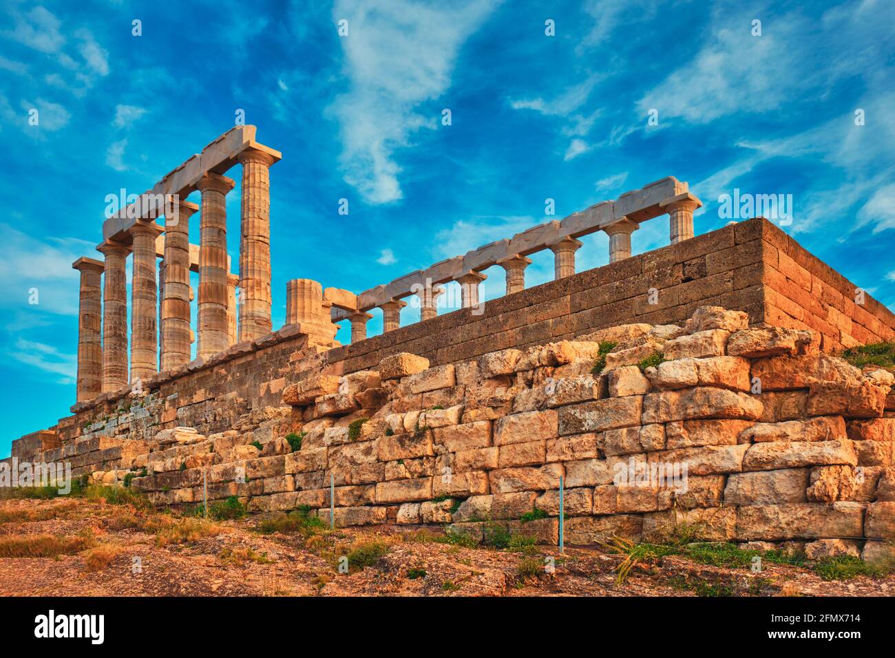 Poseidon temple ruins on Cape Sounio on sunset, Greece Stock Photo - Alamy
