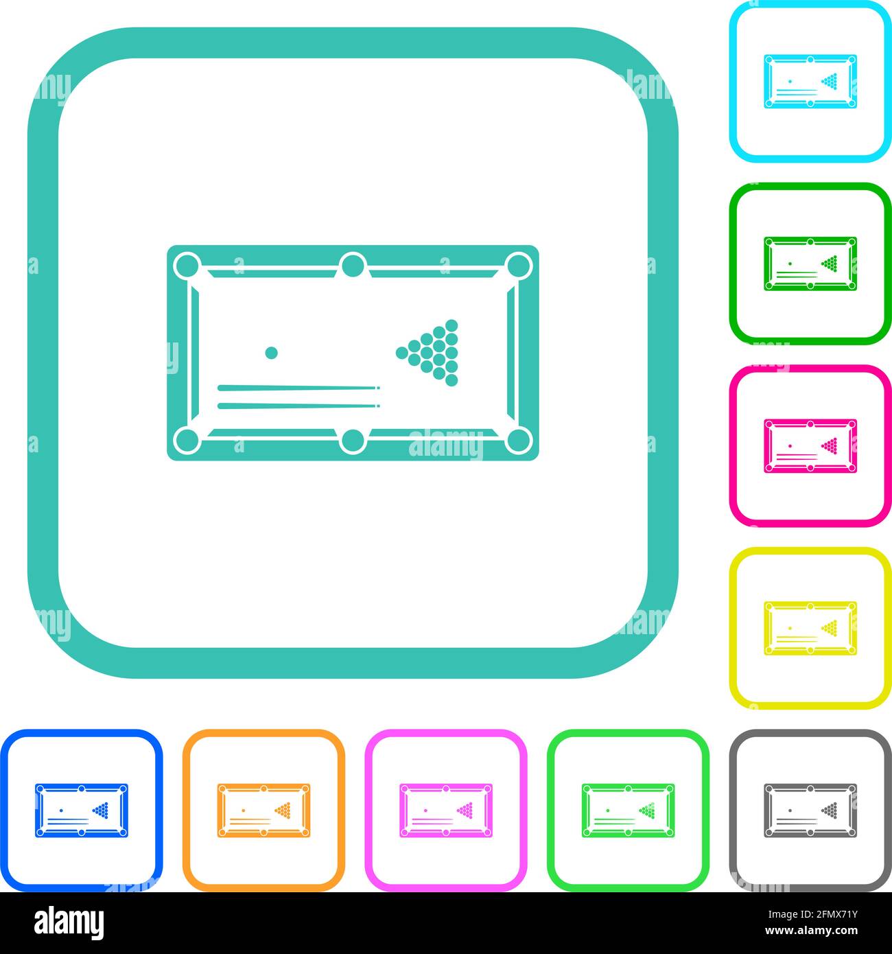 Billiard game with balls and cues vivid colored flat icons in curved ...