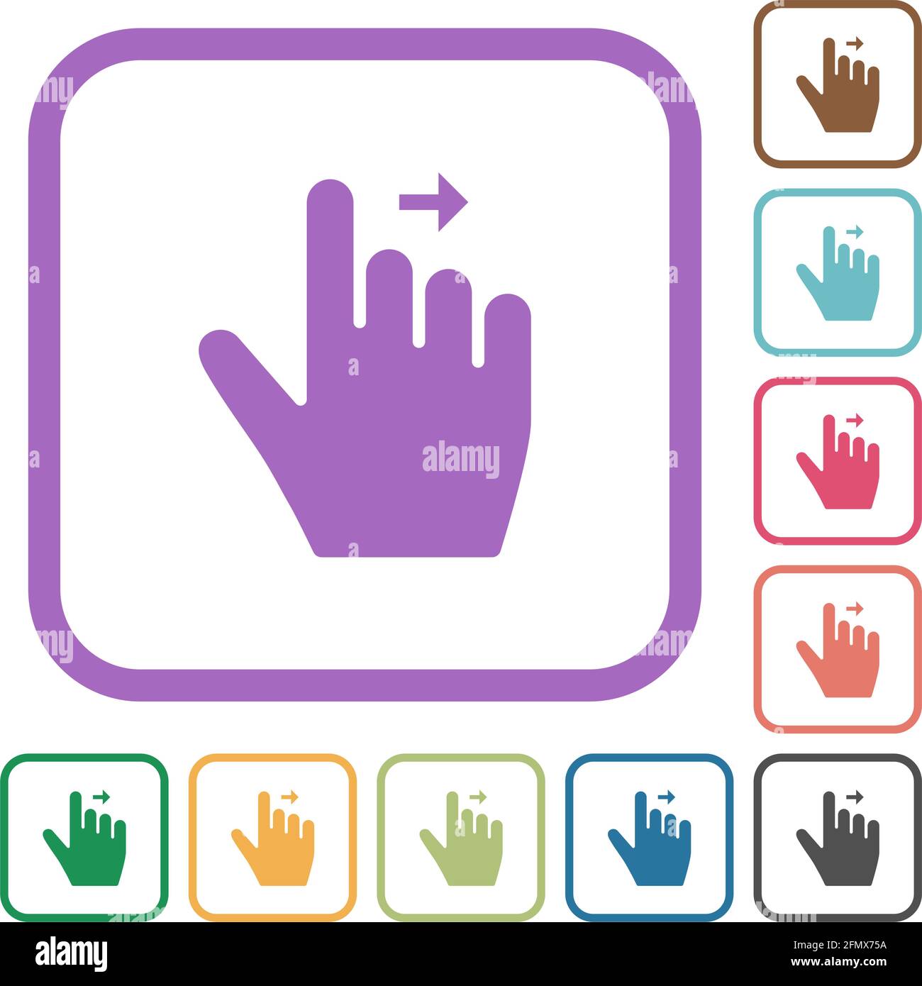 Right handed move right gesture simple icons in color rounded square frames on white background ...