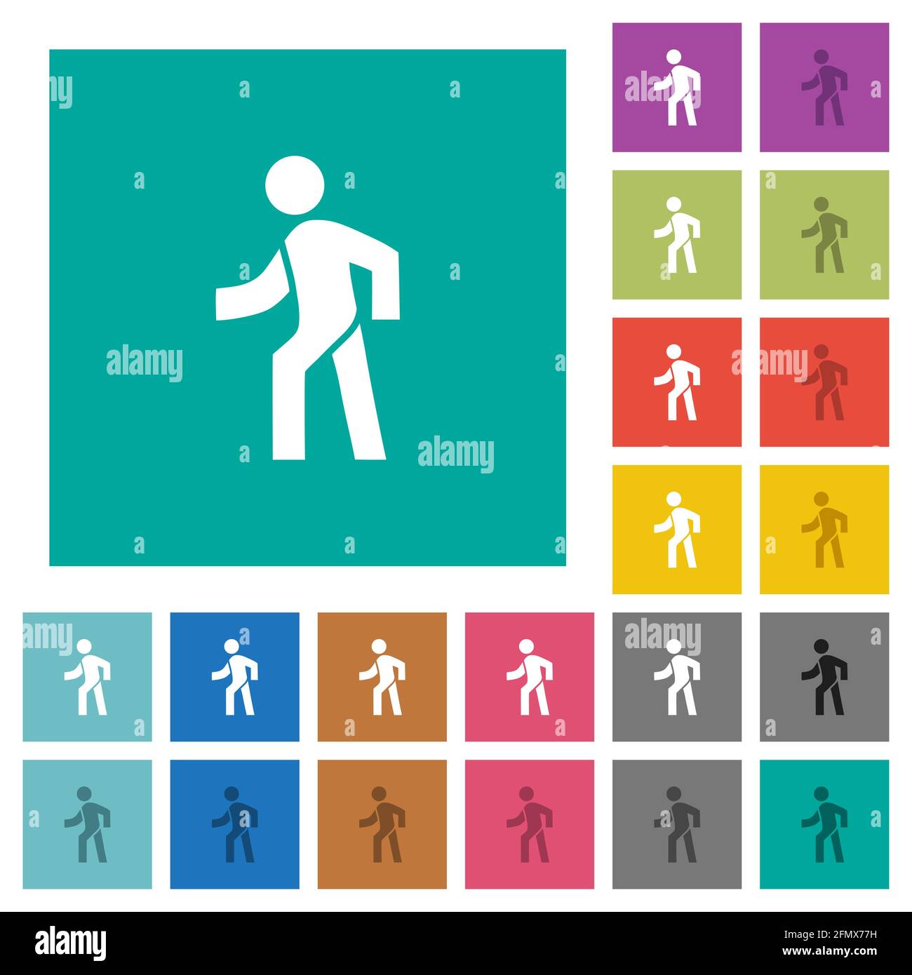 Man walking left multi colored flat icons on plain square backgrounds ...