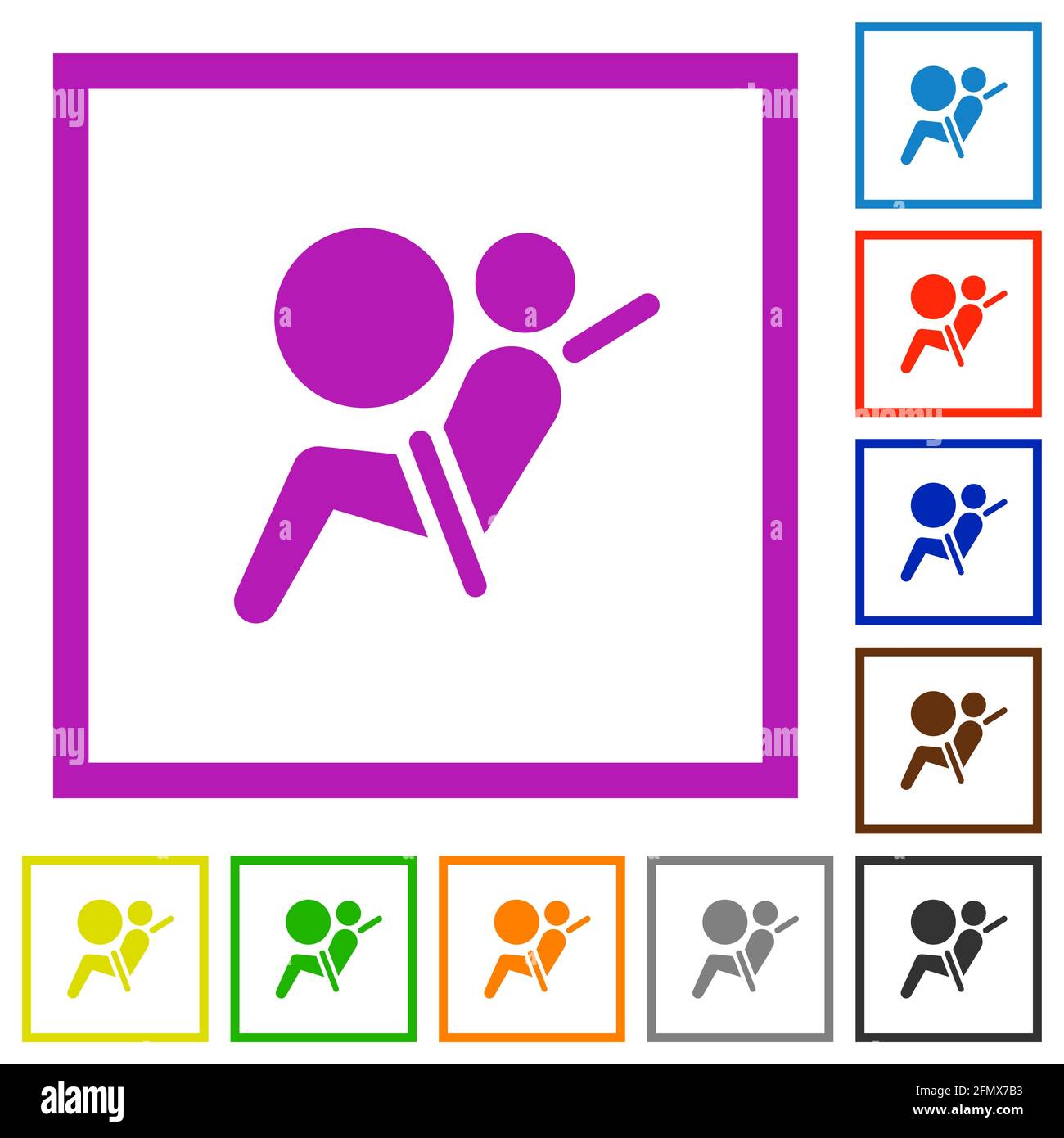 Air bag dashboard indicator flat color icons in square frames on white ...