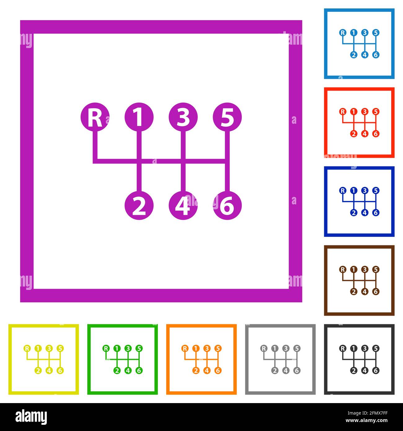Six speed manual gear shift flat color icons in square frames on white ...