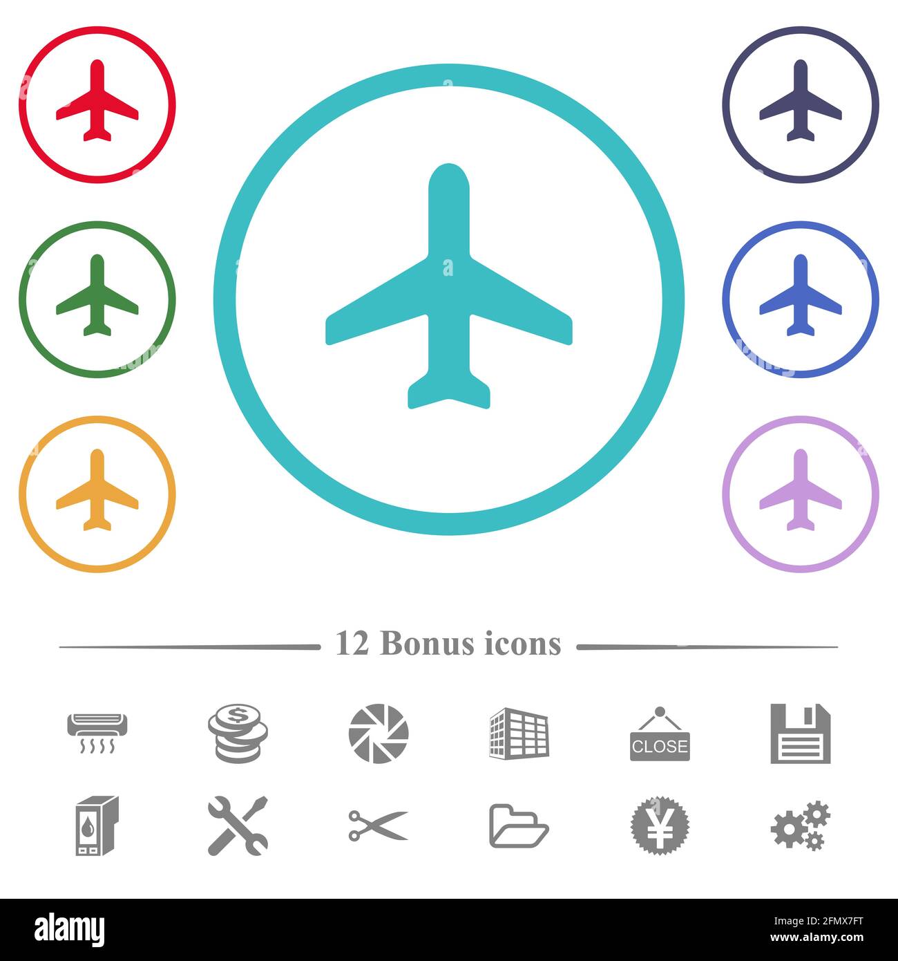 Airplane flat color icons in circle shape outlines. 12 bonus icons ...