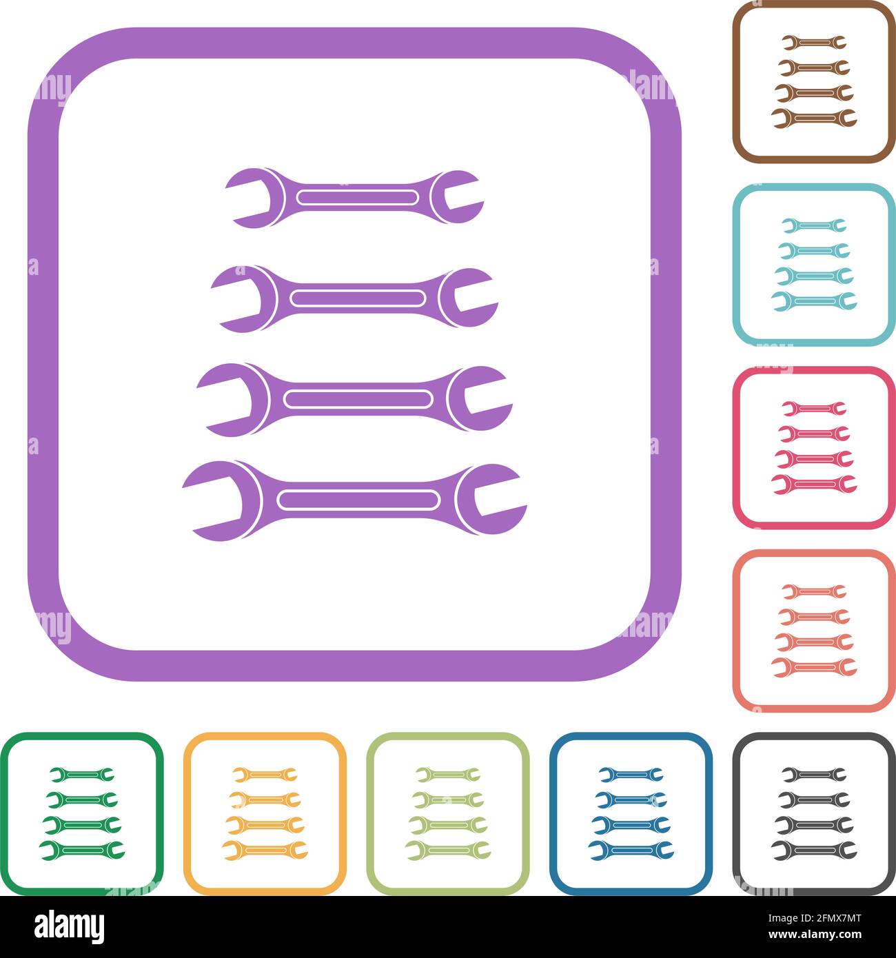 Set of wrenches simple icons in color rounded square frames on white ...