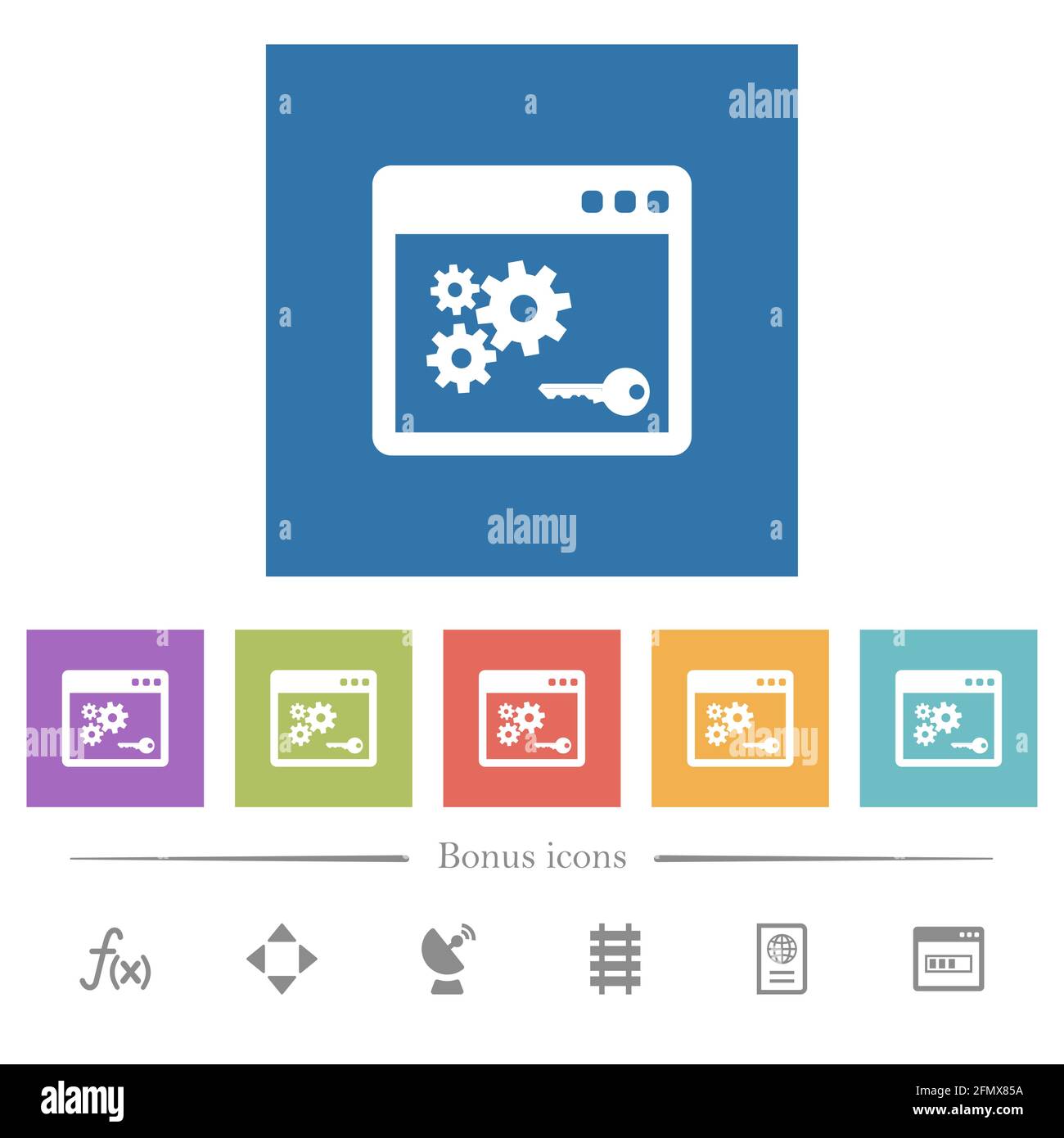 API key flat white icons in square backgrounds. 6 bonus icons included ...