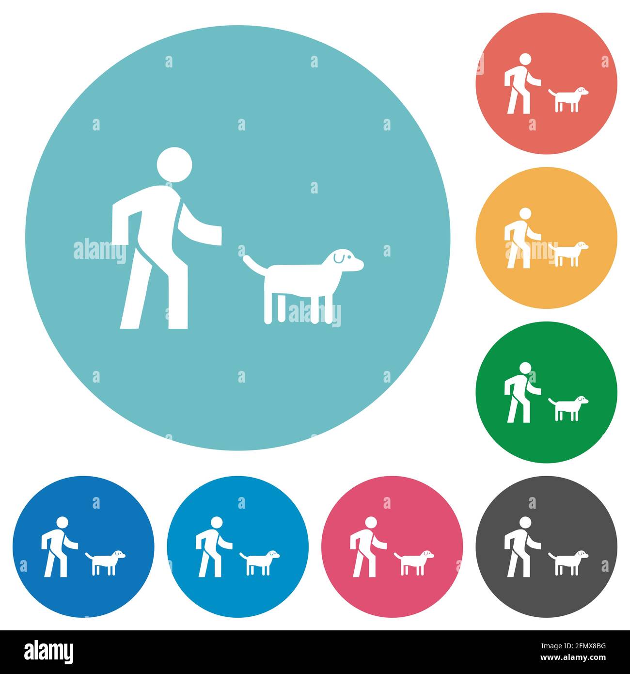 Dog walking flat white icons on round color backgrounds Stock Vector ...