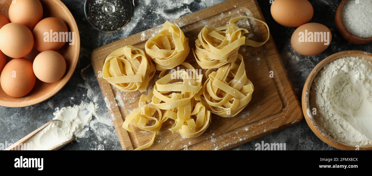 Concept of cooking tasty pasta, top view Stock Photo - Alamy