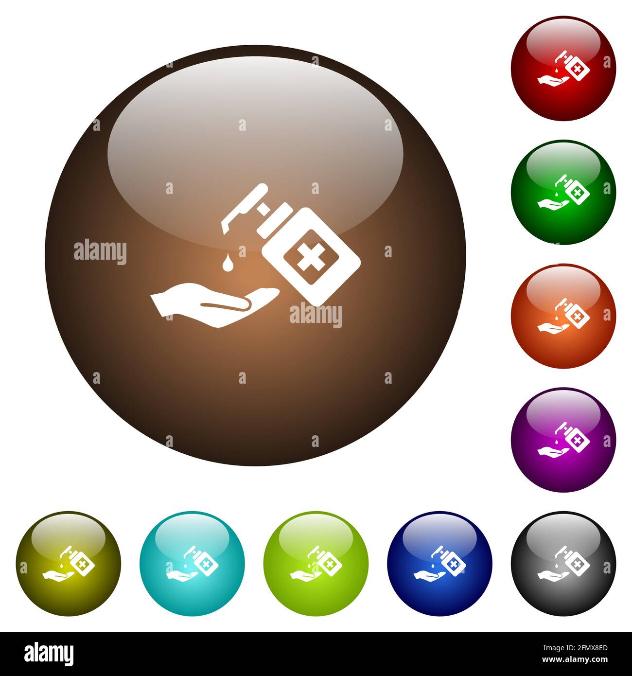 Hand washing with hand sanitizer white icons on round glass buttons in ...