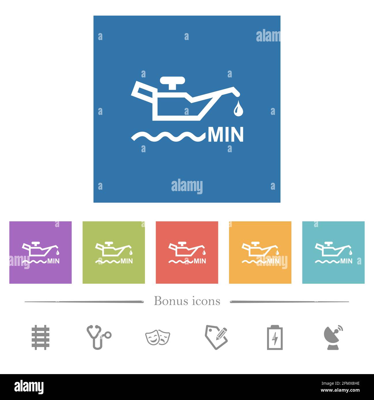 Oil level minimum indicator flat white icons in square backgrounds. 6 ...