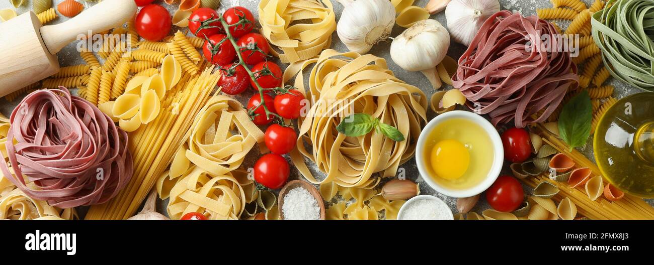 Concept of cooking tasty pasta, top view Stock Photo - Alamy